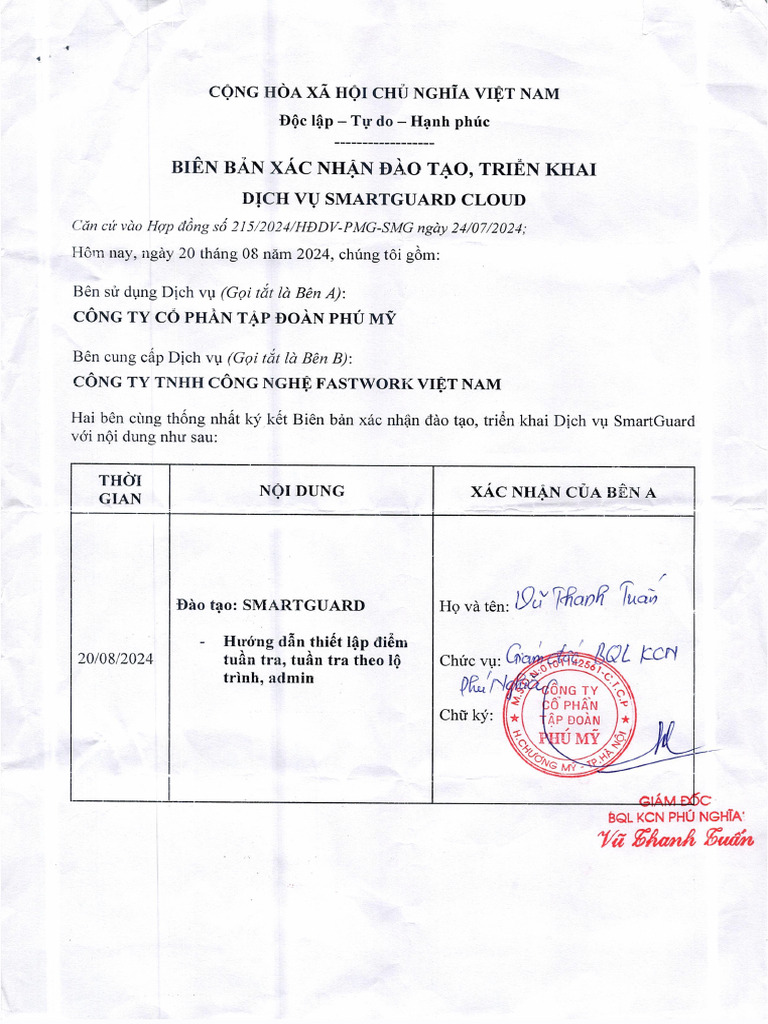 BB Xac Nhan Dao Tao Dich Vu Smartguard Cloud 20.8.2024 - 0001 | PDF
