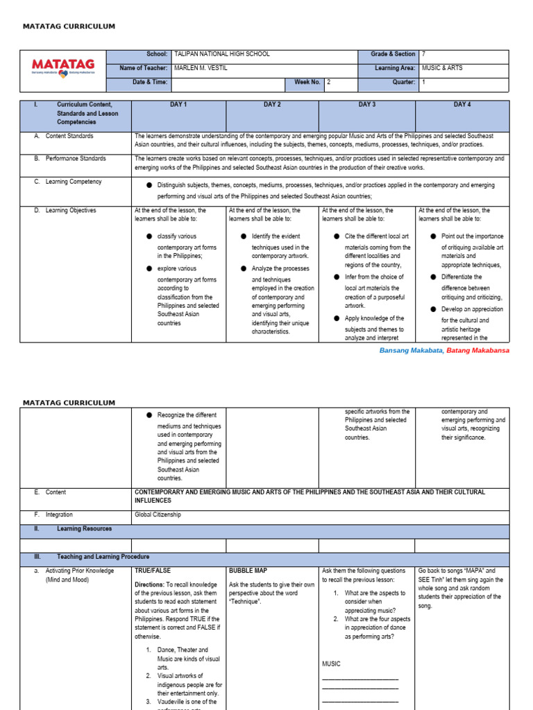 Q1 - LE - Music - Arts - Grade 7 (Week 2) | PDF | Multiple Choice | Curriculum