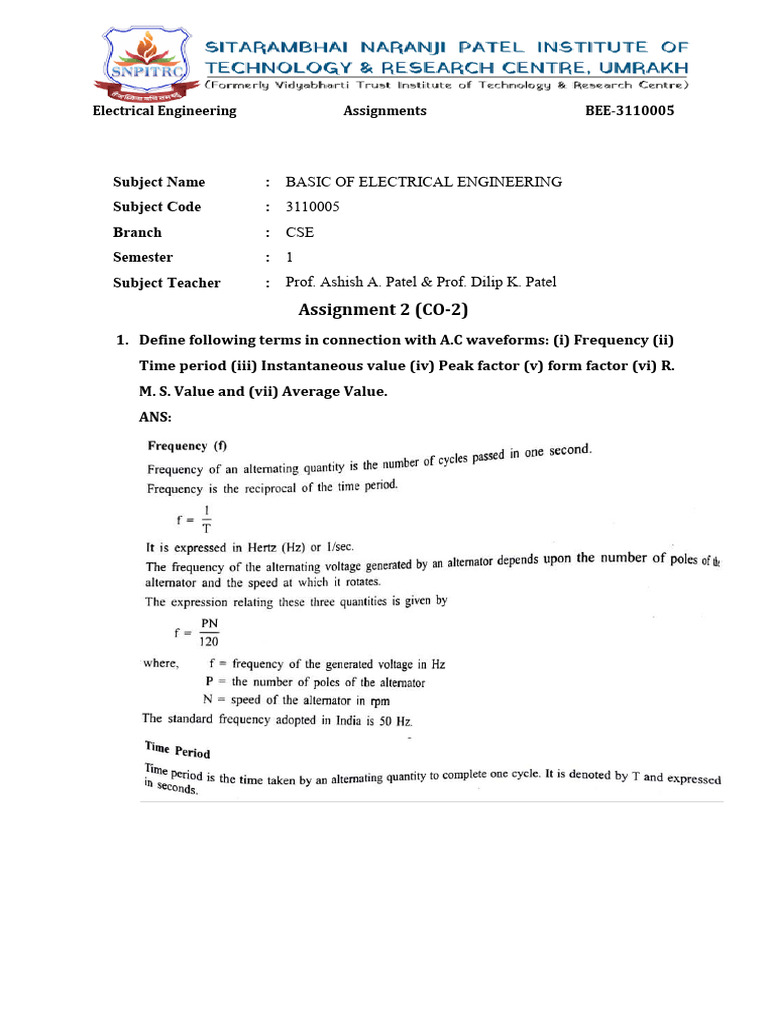 BEE Assignment 2 With Solutions | PDF | Root Mean Square | Teaching Methods & Materials