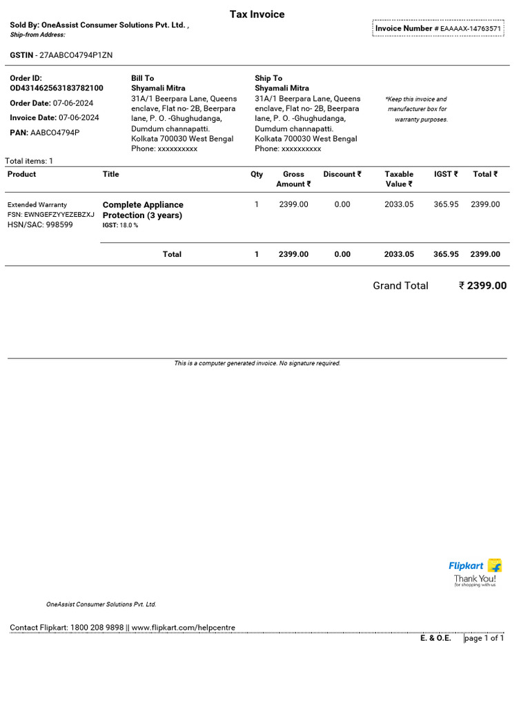 Oneassist Invoice Pdf Taxation Payments