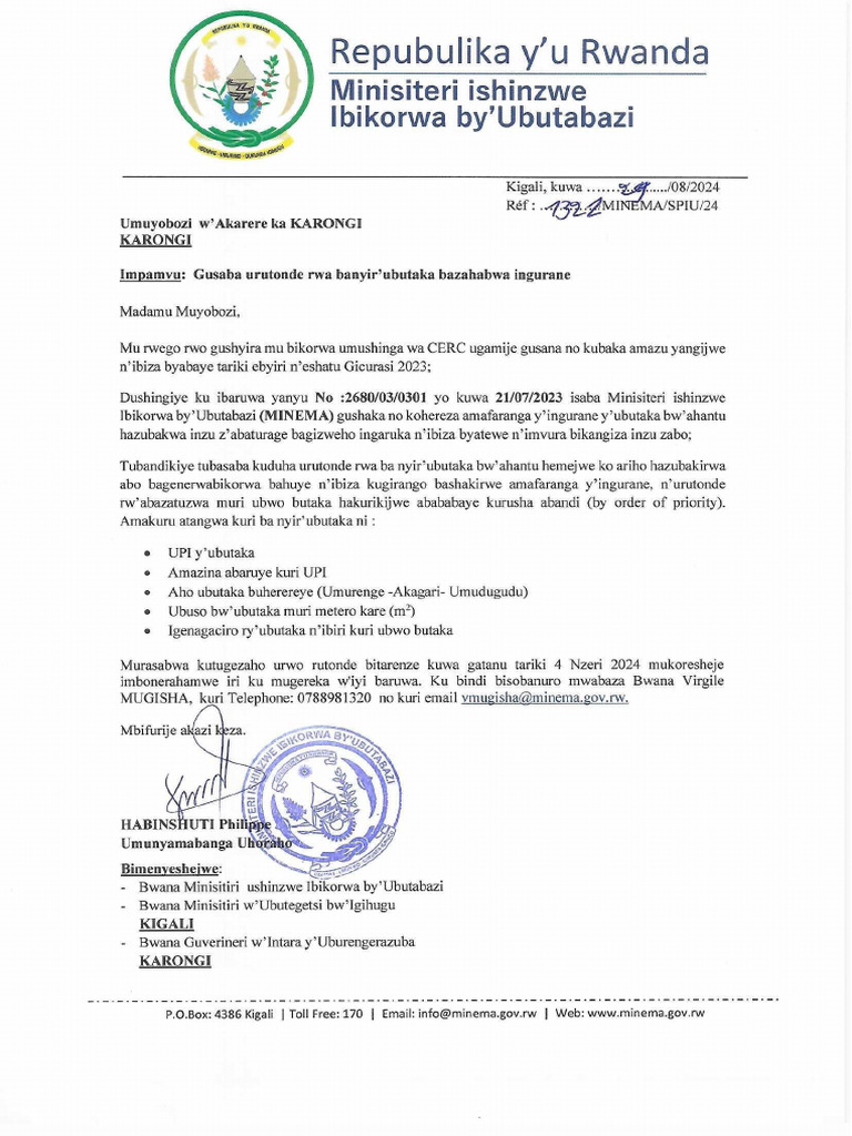 1321 Akarere Ka Karongi - Gusaba Urutonde Rwa Banyir'Ubutaka Bazahabwa Ingurane | PDF