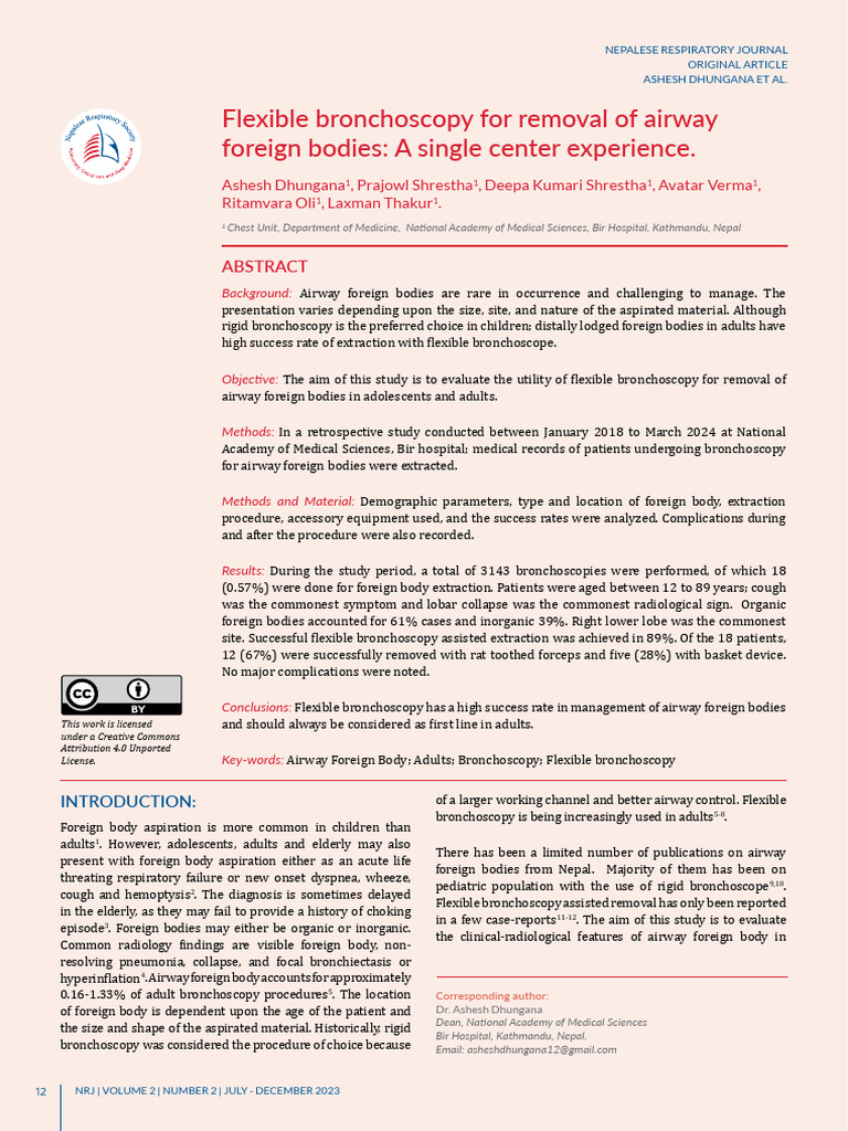 Flexible Bronchoscopy For Removal of Airway Foreign Bodies | PDF