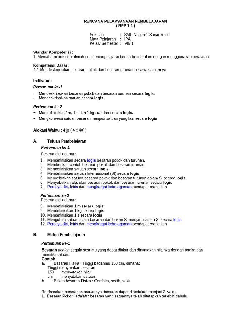 RPP IPA KLS 7 KD 1.1, 1.2, 1.3, 2.1 SEM 1 TH 13-14 | PDF