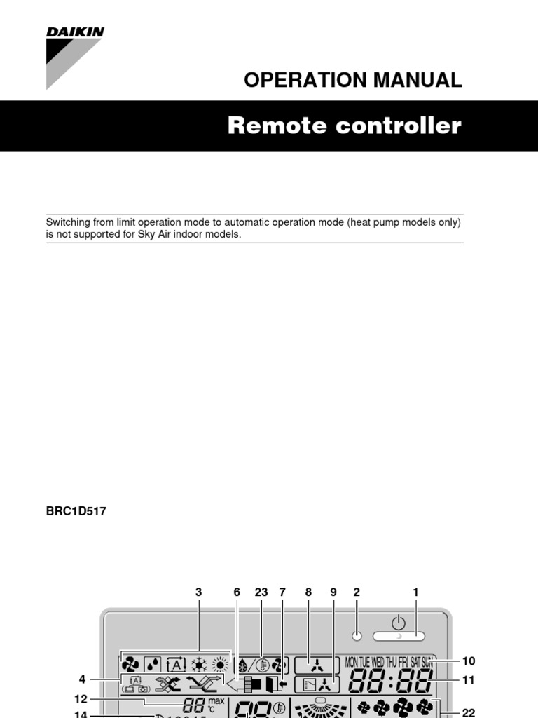 Airco Daikin Operation Manual Remote Controller BRC1D517 - TCM | PDF