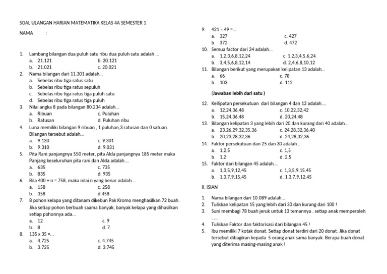 SOAL ULANGAN HARIAN MATEMATIKA KELAS 4A SEMESTER 1 | PDF