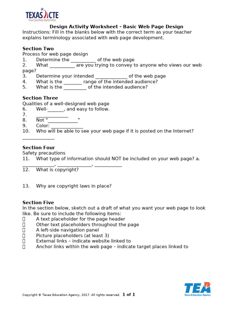 Design Activity Worksheet - Basic Web Page Design | PDF
