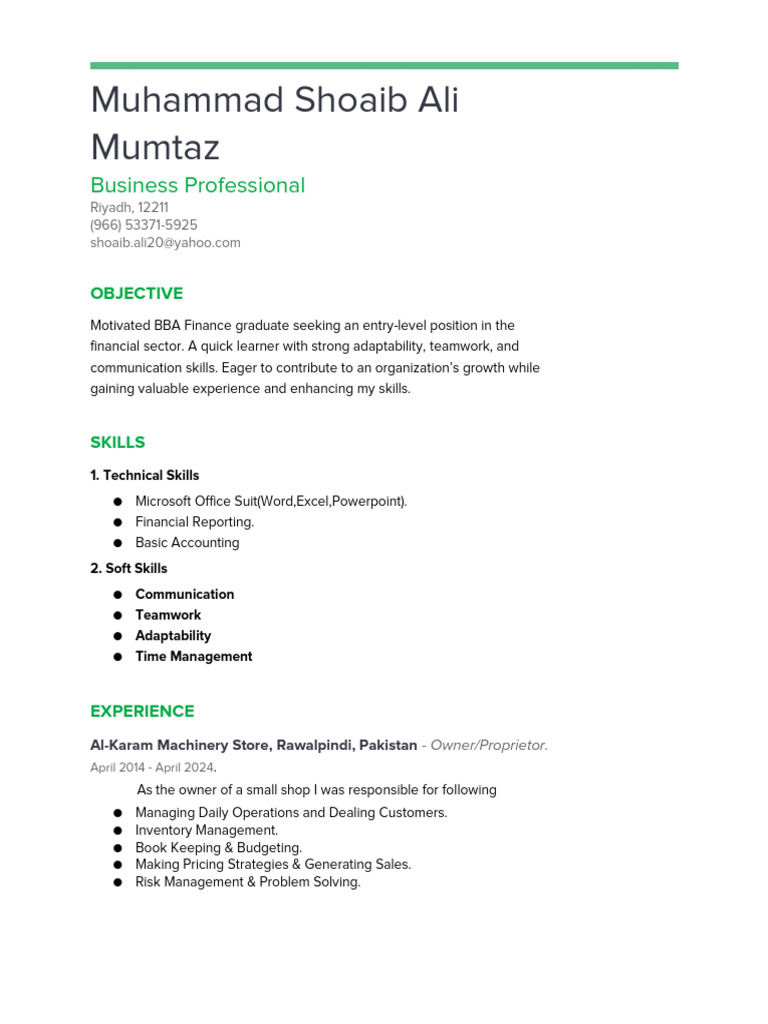 Muhammad Shoaib Ali Mumtaz: Business Professional | PDF
