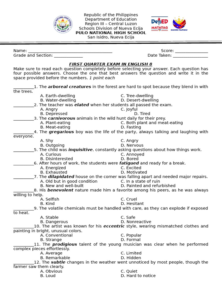 First Quarter Exam English 8 | PDF