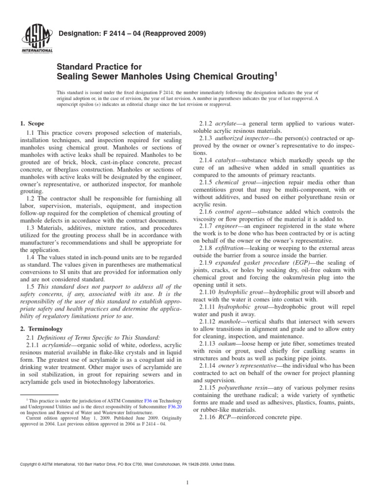 Sealing Sewer Manholes Using Chemical Grouting: Standard Practice For | PDF