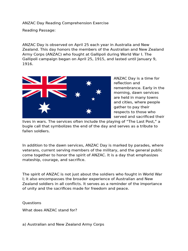 ANZAC Day Reading Comprehension Exercise | PDF