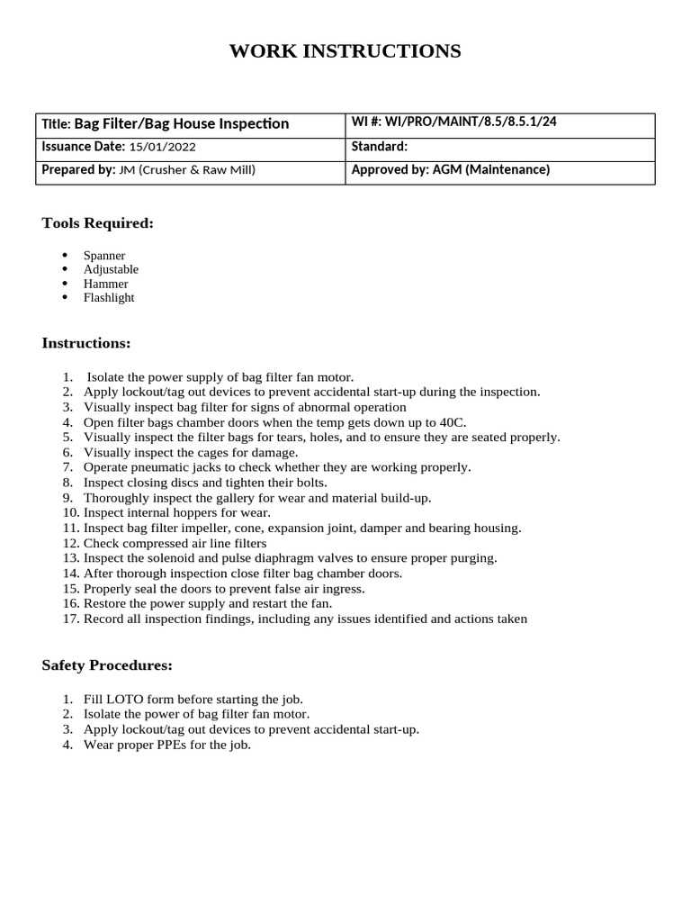 Bag Filter Inspection Instructions | PDF | Technology & Engineering