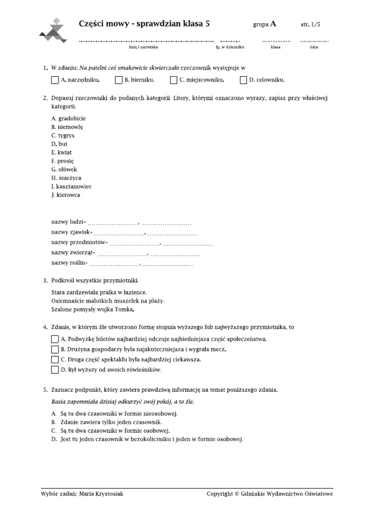 Części Mowy - Sprawdzian Klasa 5 - gr1 | PDF