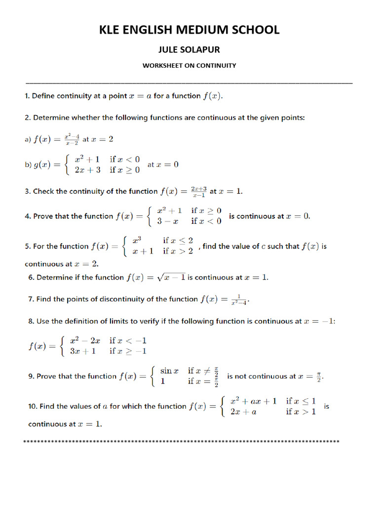 Grade Xii Worksheet On Continuity | PDF