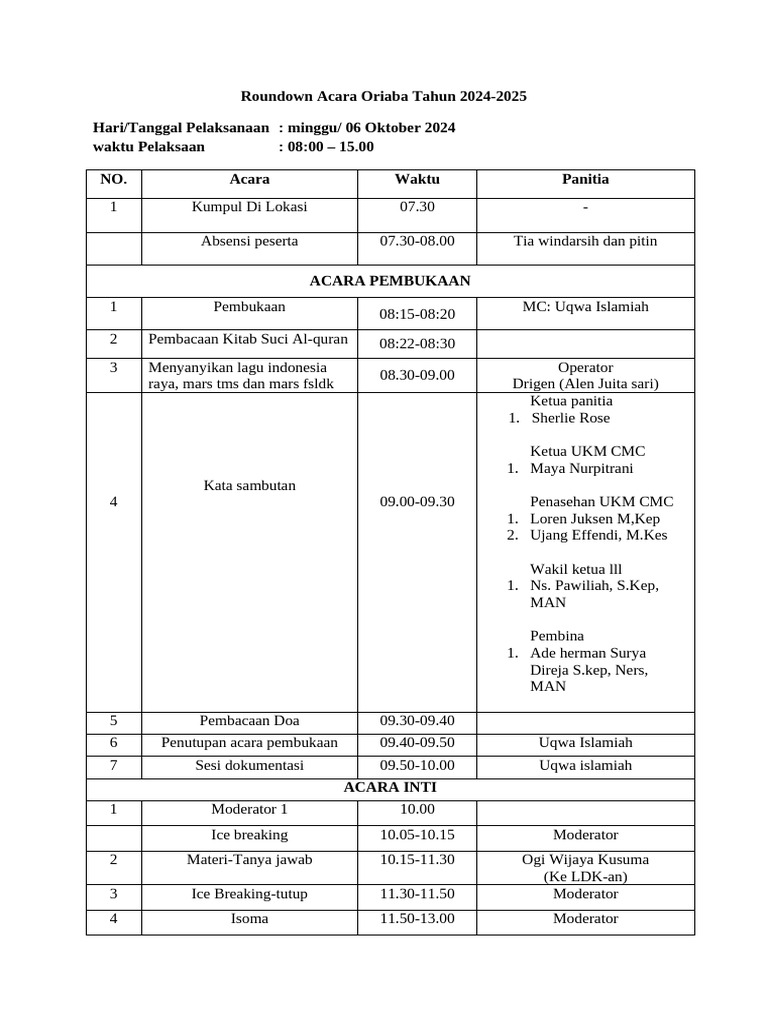 Roundown Acara Oriaba Tahun 2024 | PDF