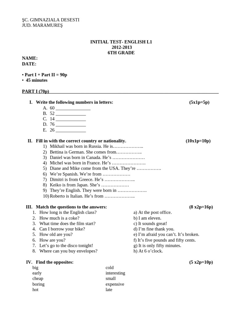 INITIAL TEST Limba Engleza | PDF | Language Arts & Discipline | Art