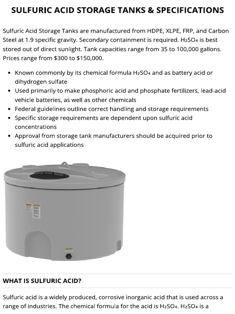 Sulfuric Acid Storage Tanks & Specifications | PDF