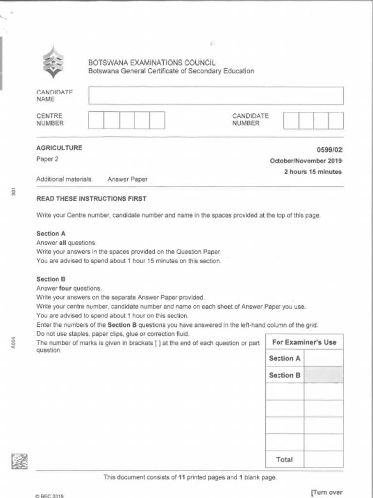 Agric Bgcse Past Exam Booklet | PDF