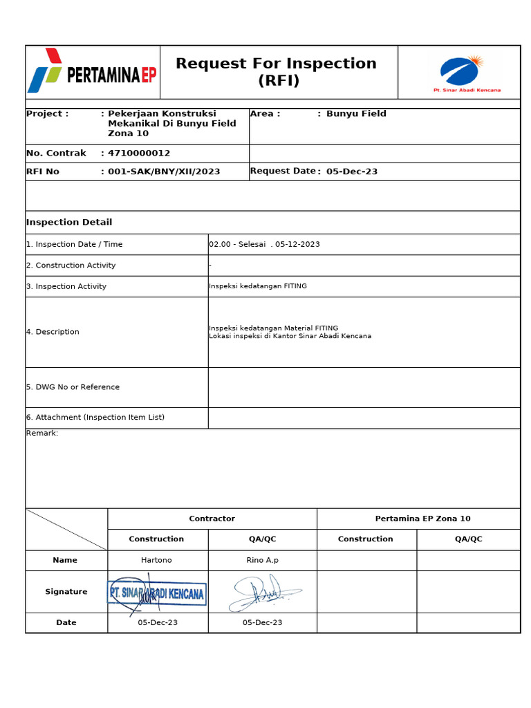 Request For Inspection (RFI) : Project:: Area:: Bunyu Field Pekerjaan ...