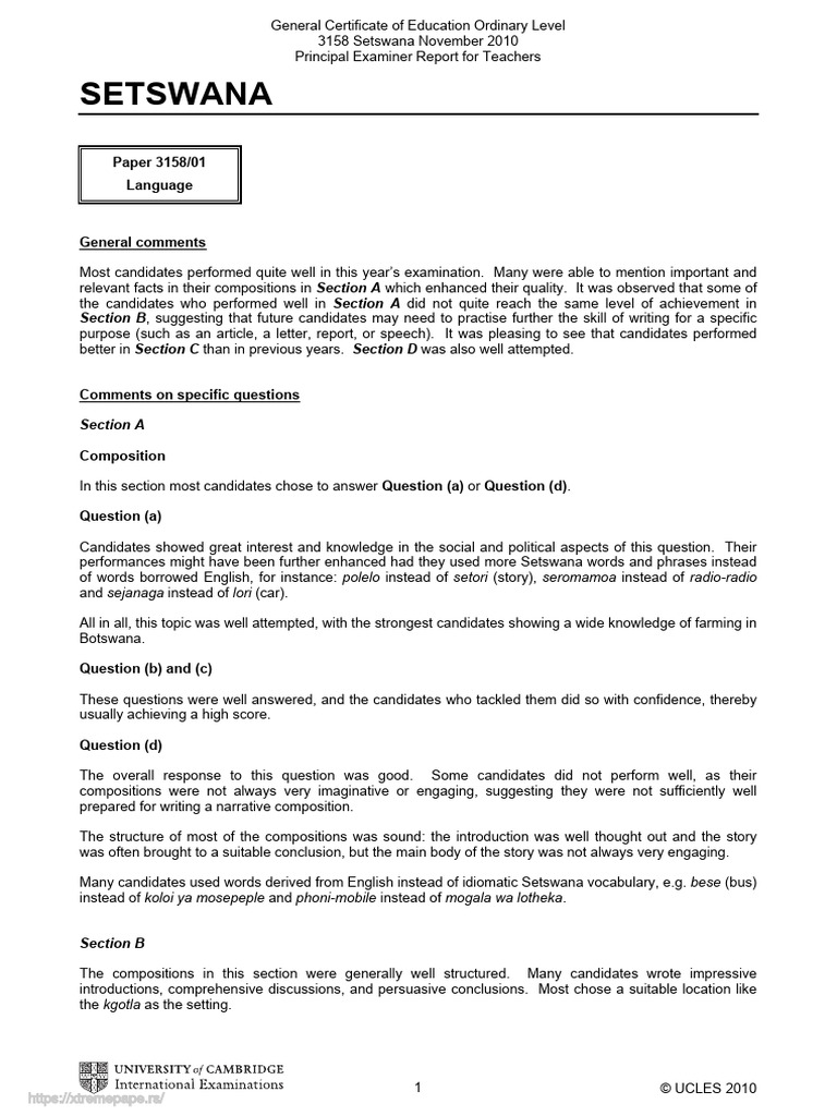 Setswana: Paper 3158/01 Language | PDF