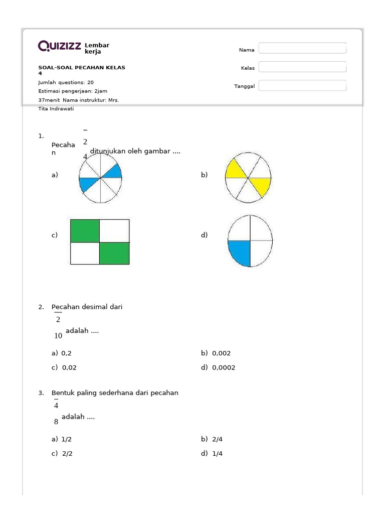 Quizizz - SOAL-SOAL PECAHAN KELAS 4 | PDF