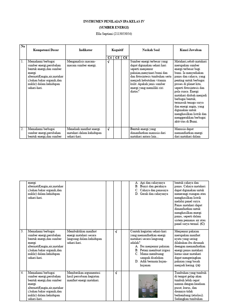 Ella Septiani - 2113053054 - INSTRUMEN PENILAIAN IPA KELAS IV | PDF