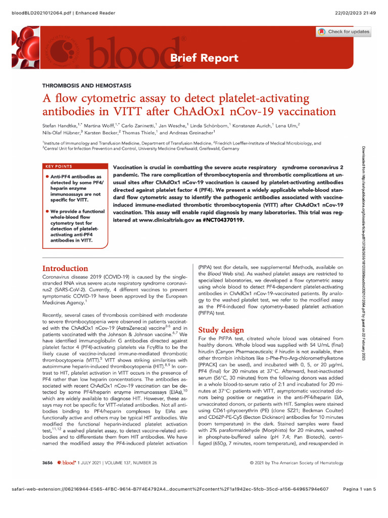 A Flow Cytometric Assay To Detect Platelet Activatingantibodies In Vitt After Chadox1 Ncov 19