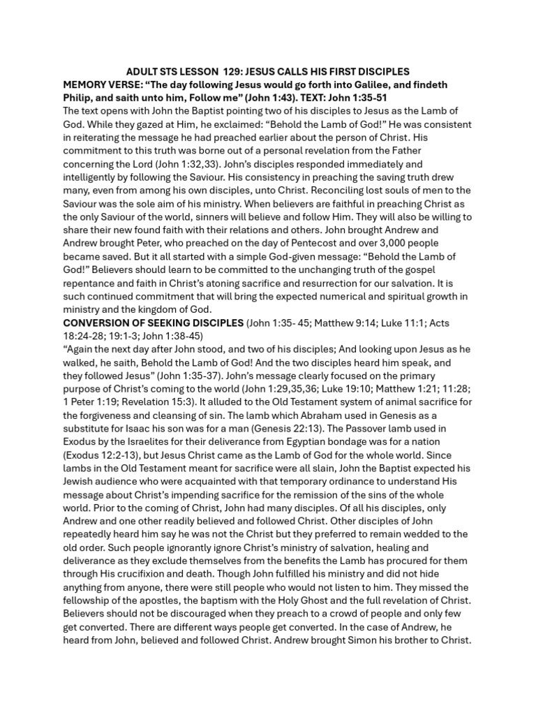Adult Sts Lesson 129 - Jesus Calls His First Disciples | PDF