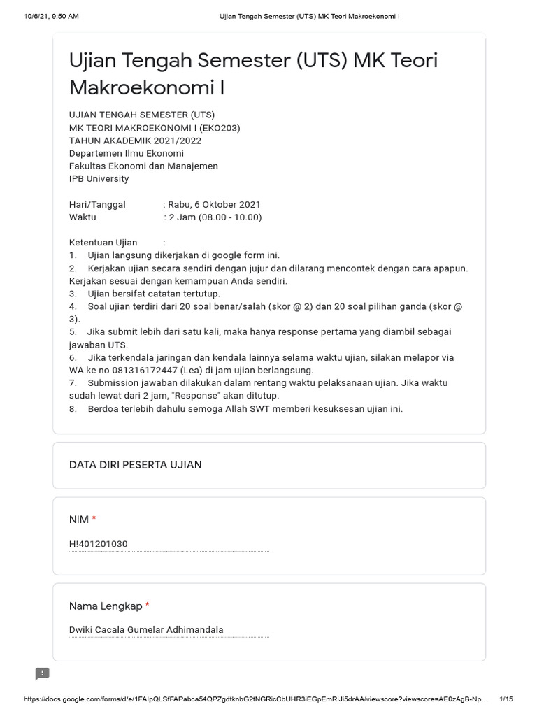 Ujian Tengah Semester (UTS) MK Teori Makroekonomi I | PDF