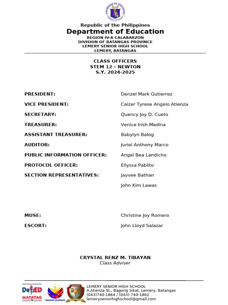 Lemery Senior High School STEM 12 Officers | PDF