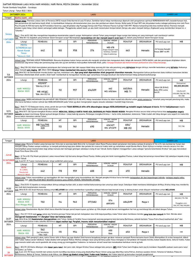 Pedoman Lagu Misa (DoLaMi) Paroki GYB OKTOBER-NOVEMBER 2024 (HMB XXVII-XXXIV) Th.B2 End | PDF