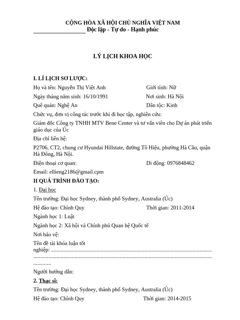 Lí lịch khoa học (dùng cho NCS) | PDF