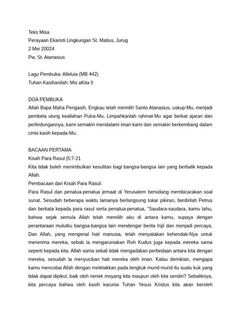 Teks Misa Lingkungan 2024 | PDF