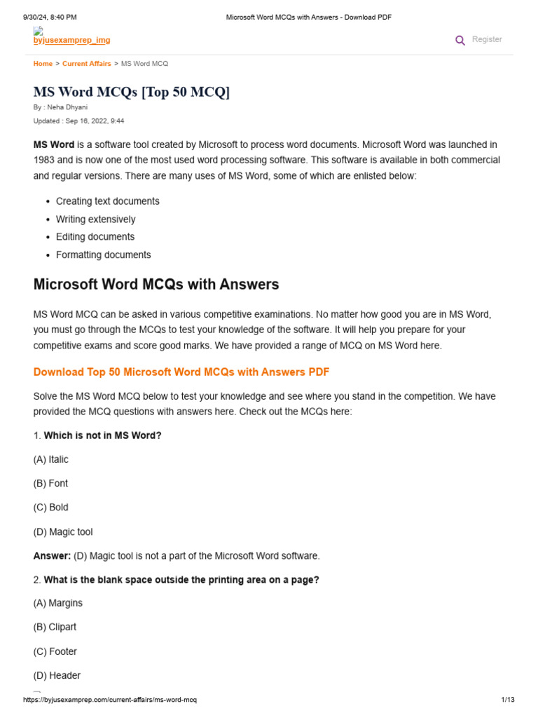 Microsoft Word MCQs With Answers - Download PDF | PDF