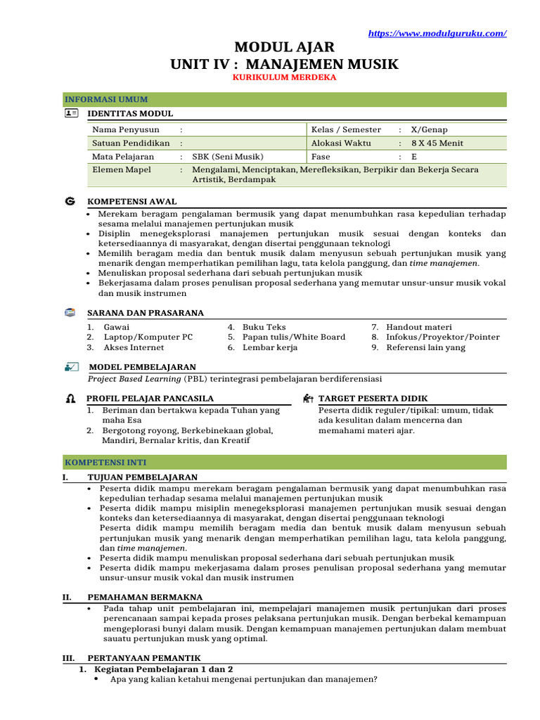Modul Ajar Seni Musik Kelas 10 Fase E Unit 4 | PDF