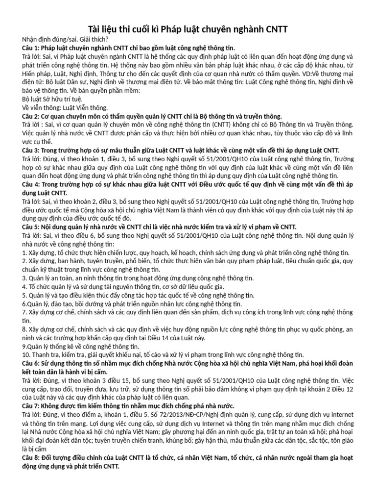 Tài liệu thi cuối kì Pháp luật chuyên nghành CNTT | PDF