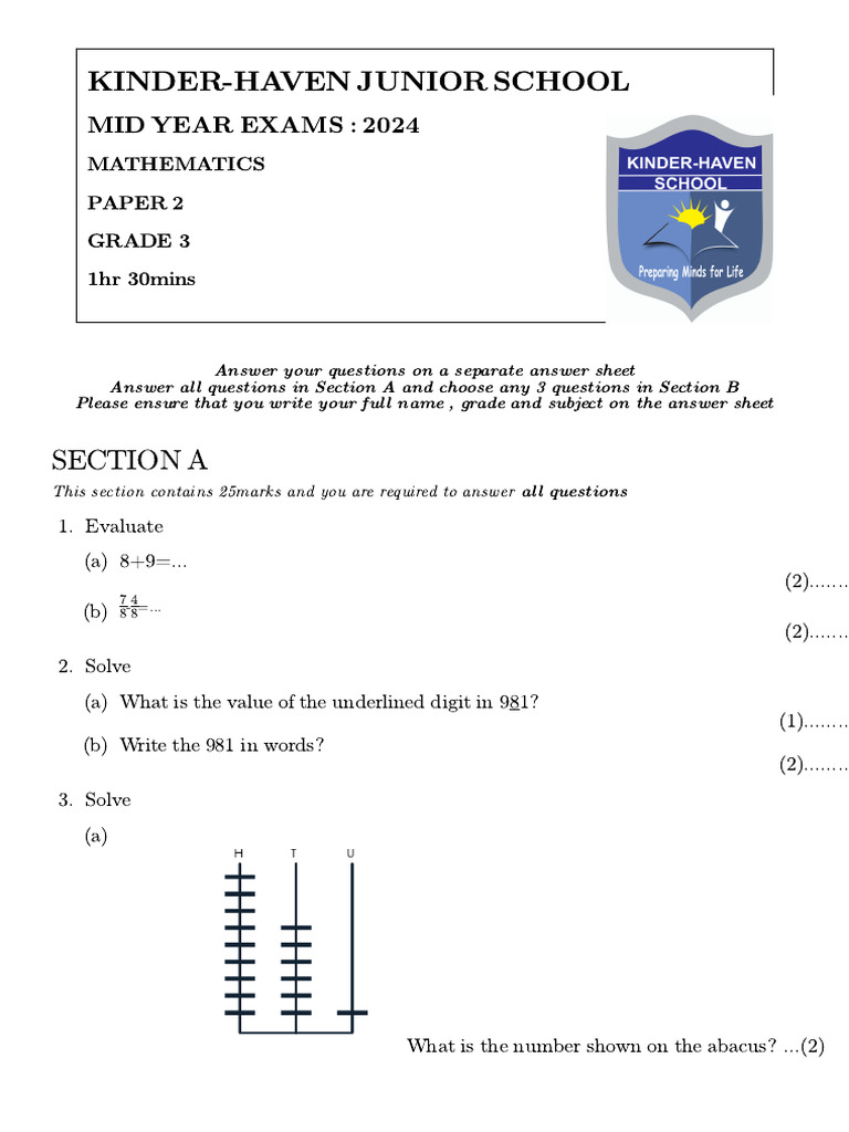 Grade 3 Maths Exam Paper 2024 | PDF | Mathematics
