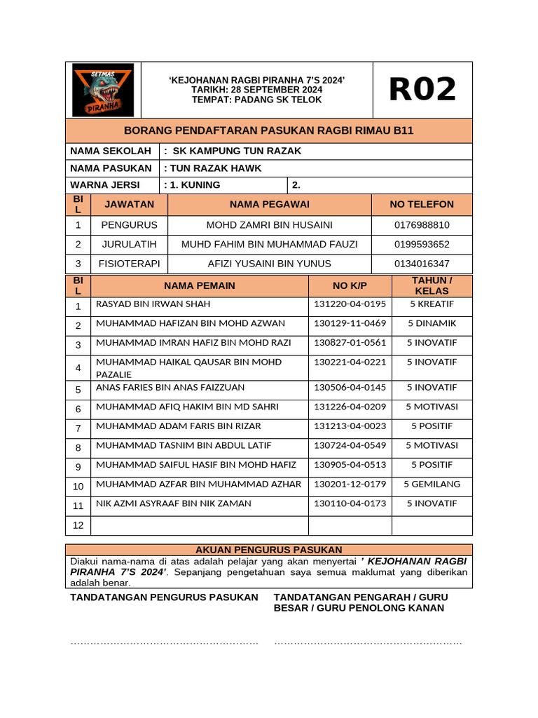 Borang R02 Ruqby | PDF