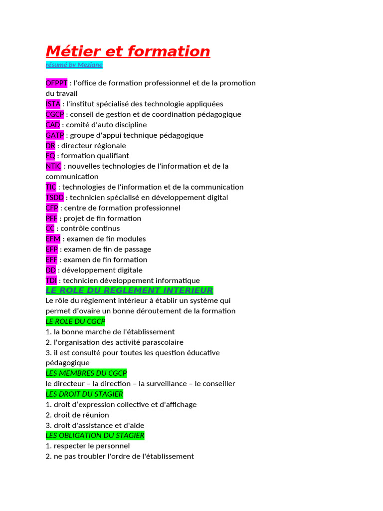 Metier Et Formation by Meziane | PDF