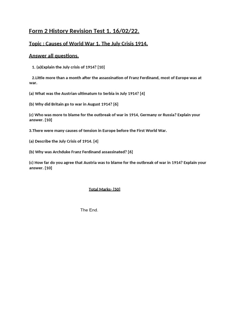 Form 2 History Revision Test 1 | PDF