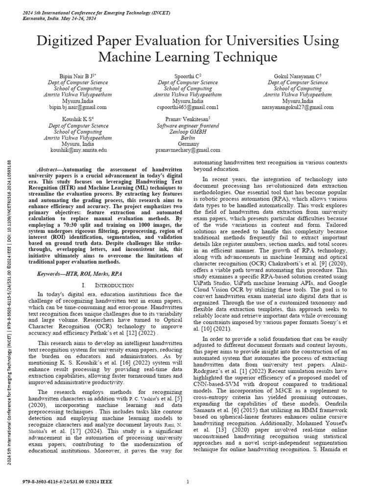 Digitized Paper Evaluation For Universities Using Machine Learning Technique | PDF