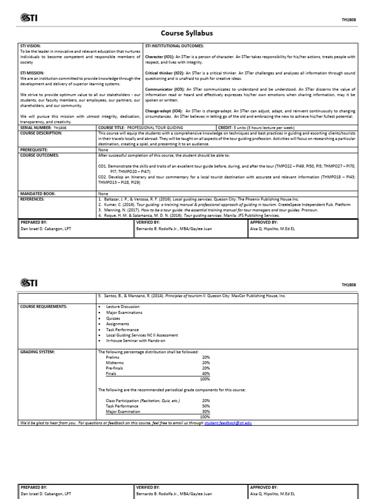 TH1808 Syllabus and Course Outline (Professional Tour Guiding) | PDF