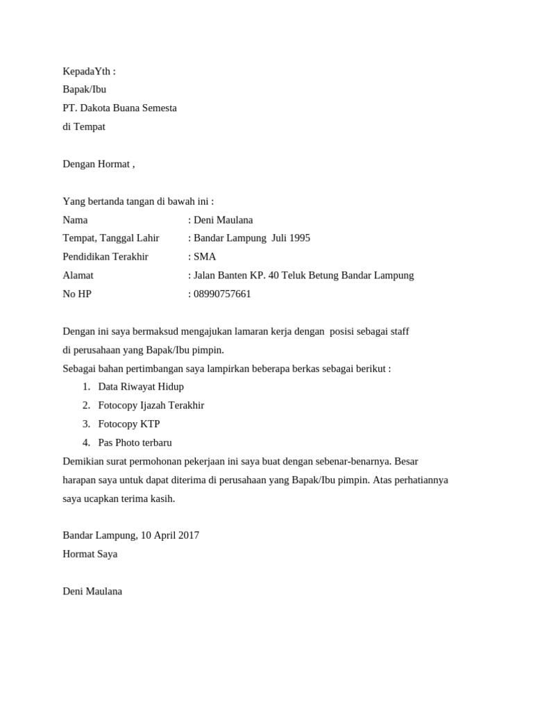 Surat Lamaran Dan CV (Deni Maulana) | PDF