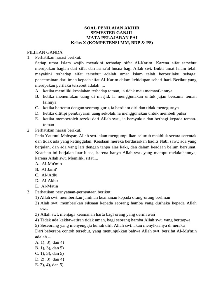 Soal PAS PAI Semester 1 2019-2020 | PDF