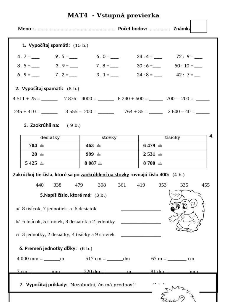 Vstupná Previerka Alebo Opakovanie - MAT4 | PDF