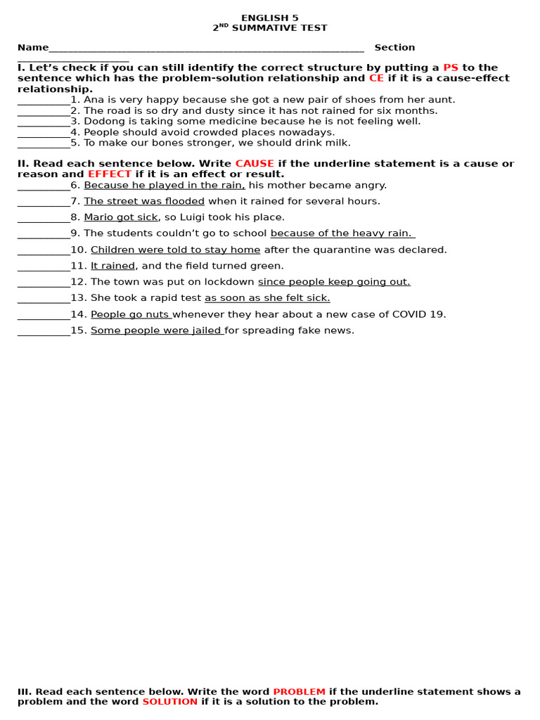 ENGLISH 5-Test Cause-Effect Problem-Sol | PDF