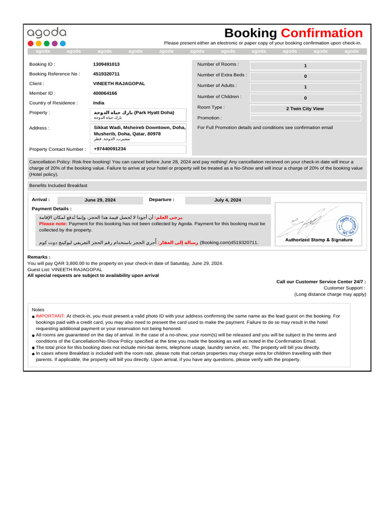 Confirmation For Booking | PDF
