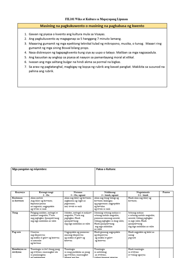 Rubrik Masining Na Pagkukwento | PDF