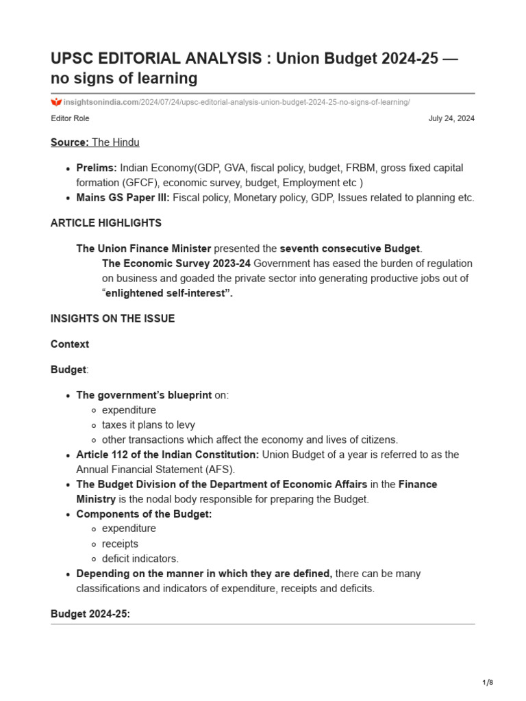 UPSC EDITORIAL ANALYSIS Union Budget 2024-25 No Signs of Learning | PDF