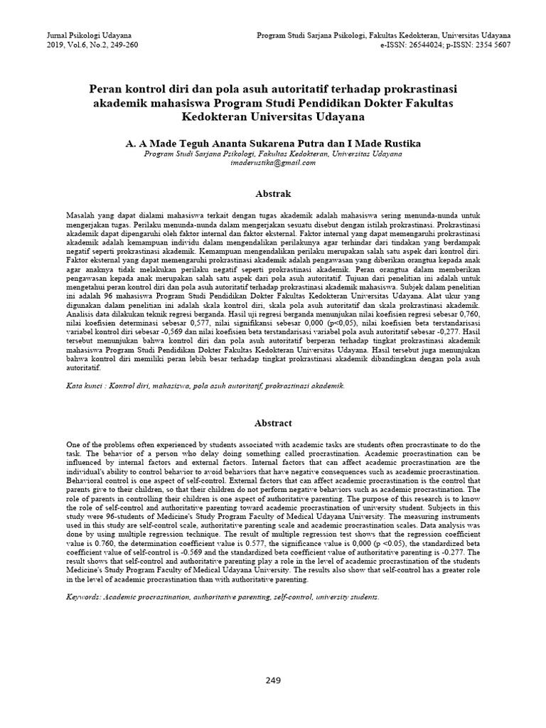 Peran Kontrol Diri Dan Pola Asuh Autoritatif Terhadap Prokrastinasi ...