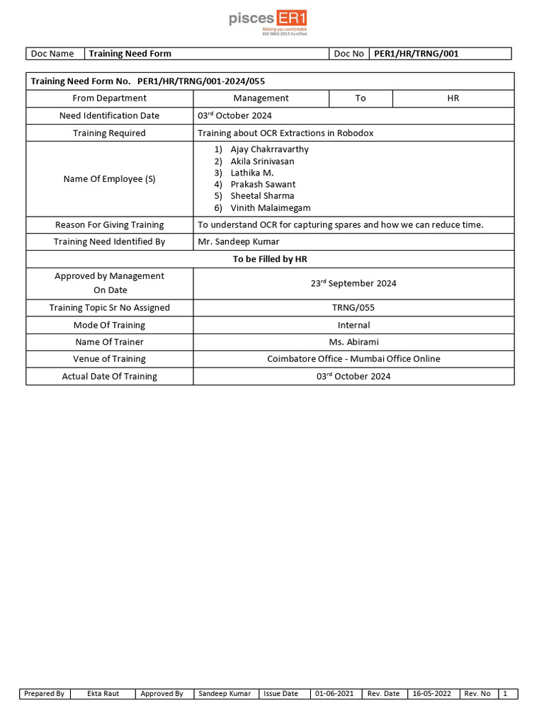 Training Need Form - OCR Extractions in Robodox | PDF
